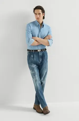 Brunello Cucinelli Iconic Fit Five-pocket Denim Trousers With Double Pleats And Distressed Details - Medium Denim