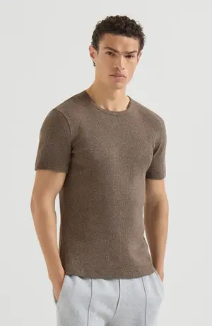 Brunello Cucinelli Denim-effect Ribbed Cotton Jersey Crew Neck T-shirt - Brown