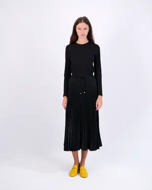 VIVA K Accordion Pleated Elastic Waist Tie Front Midi Skirt - Black