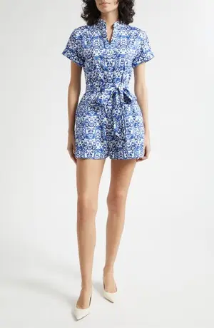 Alice + Olivia Lucy Baroque Print Belted Stretch Cotton Romper