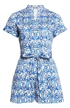 Alice + Olivia Lucy Baroque Print Belted Stretch Cotton Romper