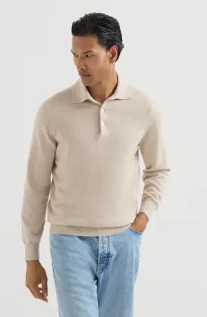 Brunello Cucinelli Cashmere Knit Polo Shirt - Sand