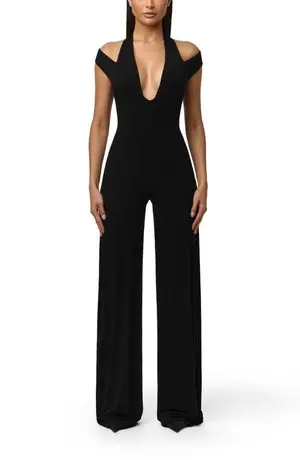 Naked Wardrobe Double-strap Wide Leg Jumpsuit - Black