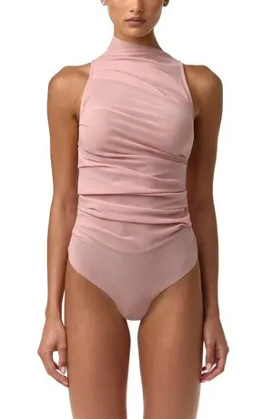 Naked Wardrobe Funnel Neck Semisheer Mesh Bodysuit - Blush