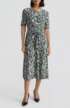 KASPER Printed Tie Belt A-line Dress - Black Multi