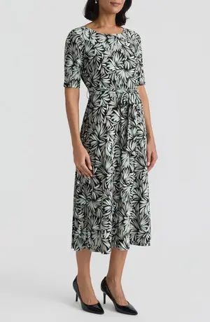 KASPER Printed Tie Belt A-line Dress