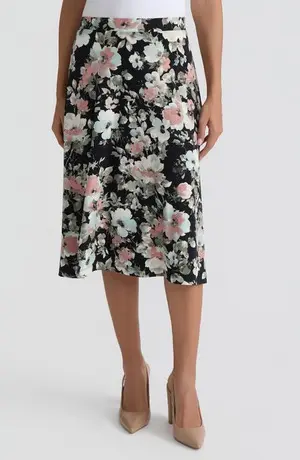 KASPER Floral Print Pull-on Midi Skirt - Black Multi