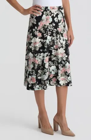 KASPER Floral Print Pull-on Midi Skirt