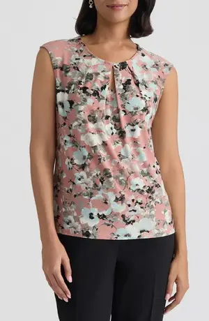 KASPER Floral Print Keyhole Sleeveless Top - Tearose Multi