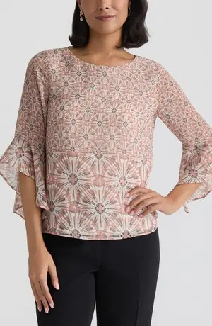 KASPER Print Ruffle Sleeve Top - Tearose Multi