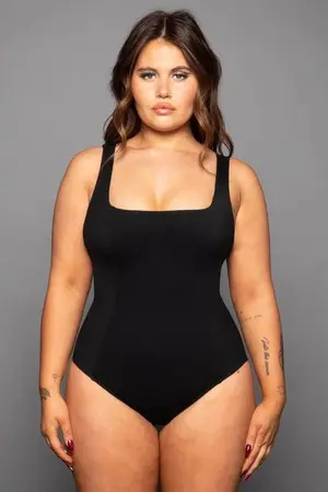 TA3 Mega Sculpting Square Neck One Piece Swimsuit With Lace-up Back - Black