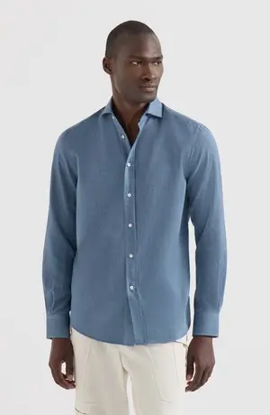 Brunello Cucinelli Cotton And Cashmere -effect Diagonal Shirt With Spread Collar - Denim