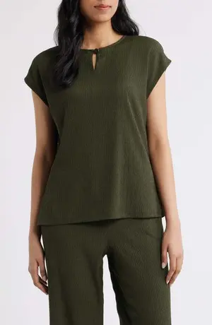 Anne Klein Textured Keyhole Top - Dark Bay Leaf