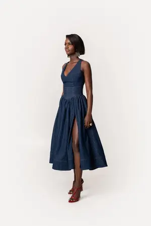 OFUURE Noemi Midi Dress In Pinstripe - Denim