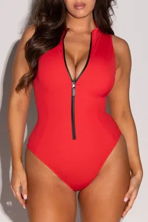 TA3 Adjustable Zip Front One-piece Swimsuit - Red