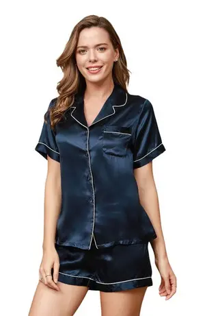 SILKSILKY Pure Silk Pajamas Short Pjs Set Two-piece - Darkblue