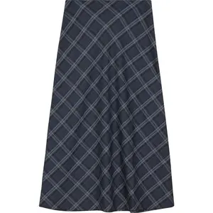 MIDI Plaid Wool Invisible Zipper Skirt - Denim