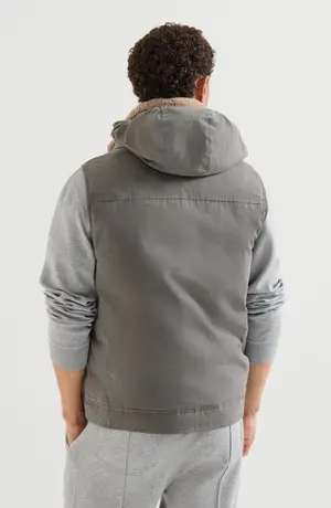 Brunello Cucinelli Waxed Techno Cotton Down Vest With Detachable Hood