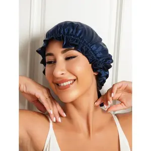 SILKSILKY Pure Silk Double Layer Bonnet With Ribbon - Darkblue
