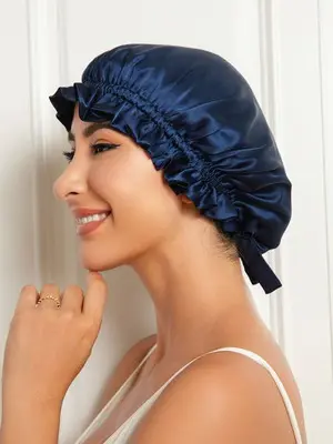 SILKSILKY Pure Silk Double Layer Bonnet With Ribbon - Darkblue