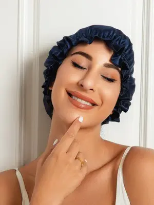 SILKSILKY Pure Silk Double Layer Bonnet With Ribbon - Darkblue