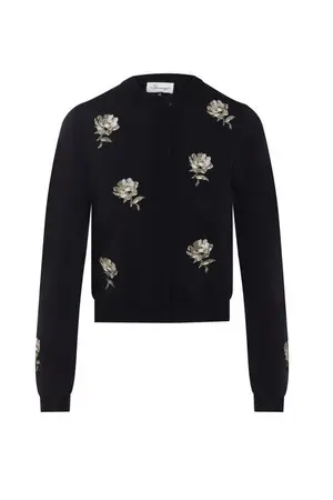 THE NORWAY CLUB Embroidered Floral Button Front Cropped Knit Cardigan