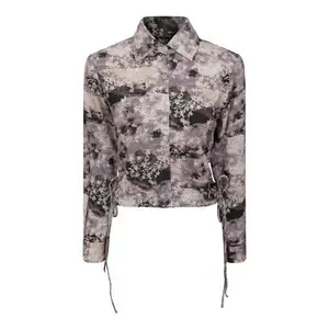 THE NORWAY CLUB Linen Button Front Drawstring Cropped Blouse - Grey