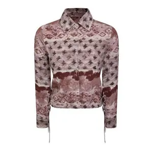 THE NORWAY CLUB Linen Button Front Drawstring Cropped Blouse - Wine