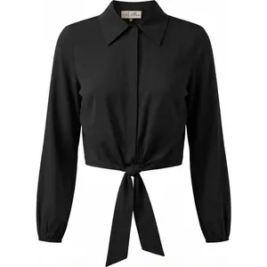 THE NORWAY CLUB Cropped Hidden Placket Hem Tie Blouse - Black