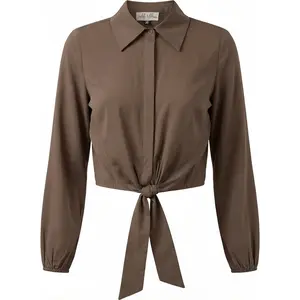 THE NORWAY CLUB The Norway Club Cropped Hidden Placket Hem Tie Blouse Espresso