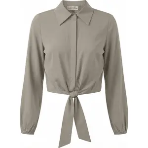 THE NORWAY CLUB Cropped Cotton Blend Tie-front Blouse - Stone