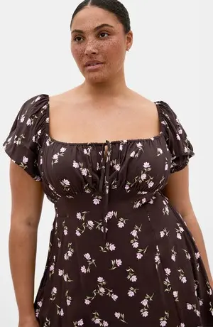 City Chic Abbie Peasant Midi Dress - Strawberry Fields