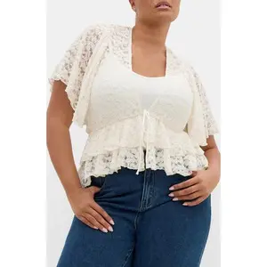 City Chic Lily Sheer Lace Crop Top - Creme