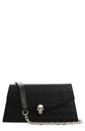 Alexander McQueen Mini Skull Croc Embossed Leather Crossbody Bag - Black