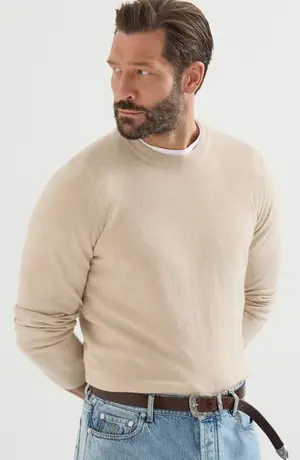 Brunello Cucinelli Ribbed Cashmere Crewneck Sweater - Sand