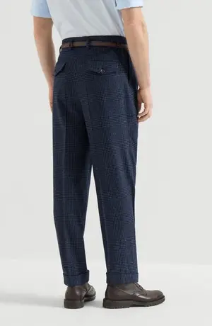 Brunello Cucinelli Double Pleat Prince Of Wales Flannel Trousers - Blue