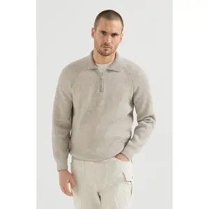 Brunello Cucinelli Cashmere Vanisé English Rib Knit Polo With Half Zip - Grey