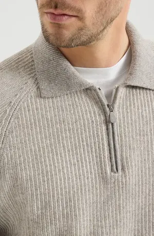 Brunello Cucinelli Cashmere Vanisé English Rib Knit Polo With Half Zip - Grey