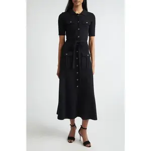 St. John Zahara Belted Legacy Crepe Knit Midi Dress - Black