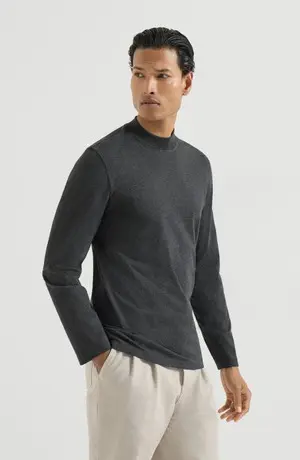Brunello Cucinelli Cotton Jersey Long Sleeve Mock Neck T-shirt - Anthracite
