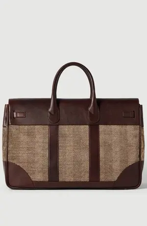 Brunello Cucinelli Burnished Calfskin And Chevron-effect Techno Fabric Country Bag - Brown