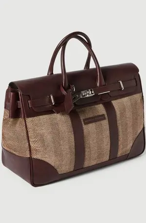 Brunello Cucinelli Burnished Calfskin And Chevron-effect Techno Fabric Country Bag - Brown