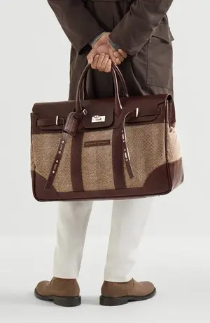 Brunello Cucinelli Burnished Calfskin And Chevron-effect Techno Fabric Country Bag - Brown
