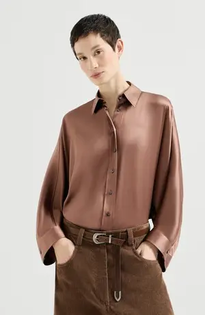 Brunello Cucinelli Stretch Silk Satin Shirt With Monili - Brown