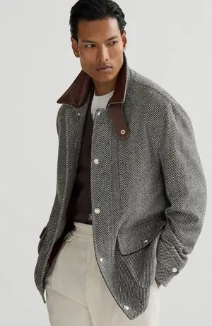 Brunello Cucinelli Cashmere And Silk Diagonal Field Jacket With Nappa Leather Inserts