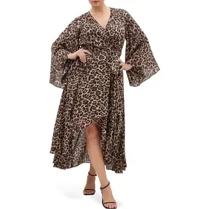 City Chic Eva Long Sleeve Wrap Maxi Dress - Leopard