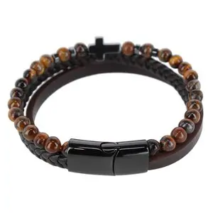 Trafalgar Sovereign Cross Tri-stranded Leather Bracelet With Tiger Eye Beads