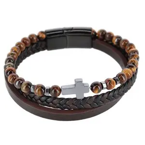 Trafalgar Sovereign Cross Tri-stranded Leather Bracelet With Tiger Eye Beads
