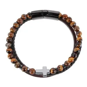 Trafalgar Sovereign Cross Tri-stranded Leather Bracelet With Tiger Eye Beads