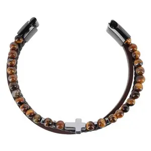 Trafalgar Sovereign Cross Tri-stranded Leather Bracelet With Tiger Eye Beads